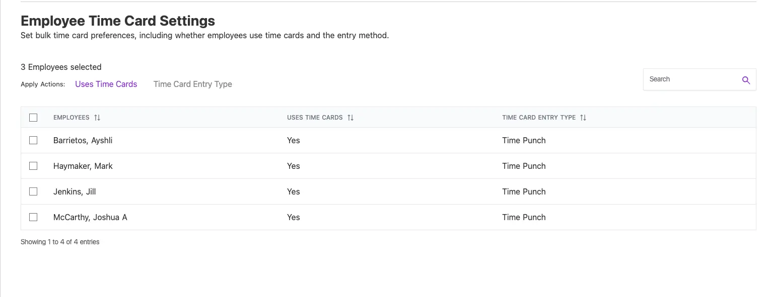 Employee Time Card Setting Page | Bulk Adjust Time Card Settings