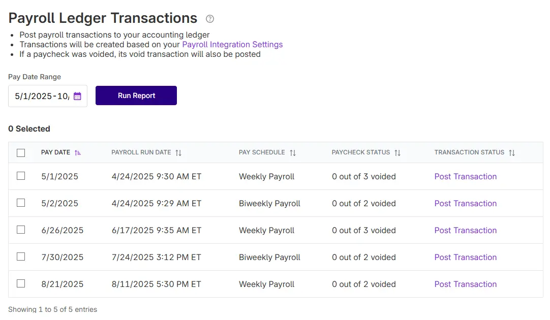 Payroll Ledger Transactions Report | Payroll to Accounting Transactions